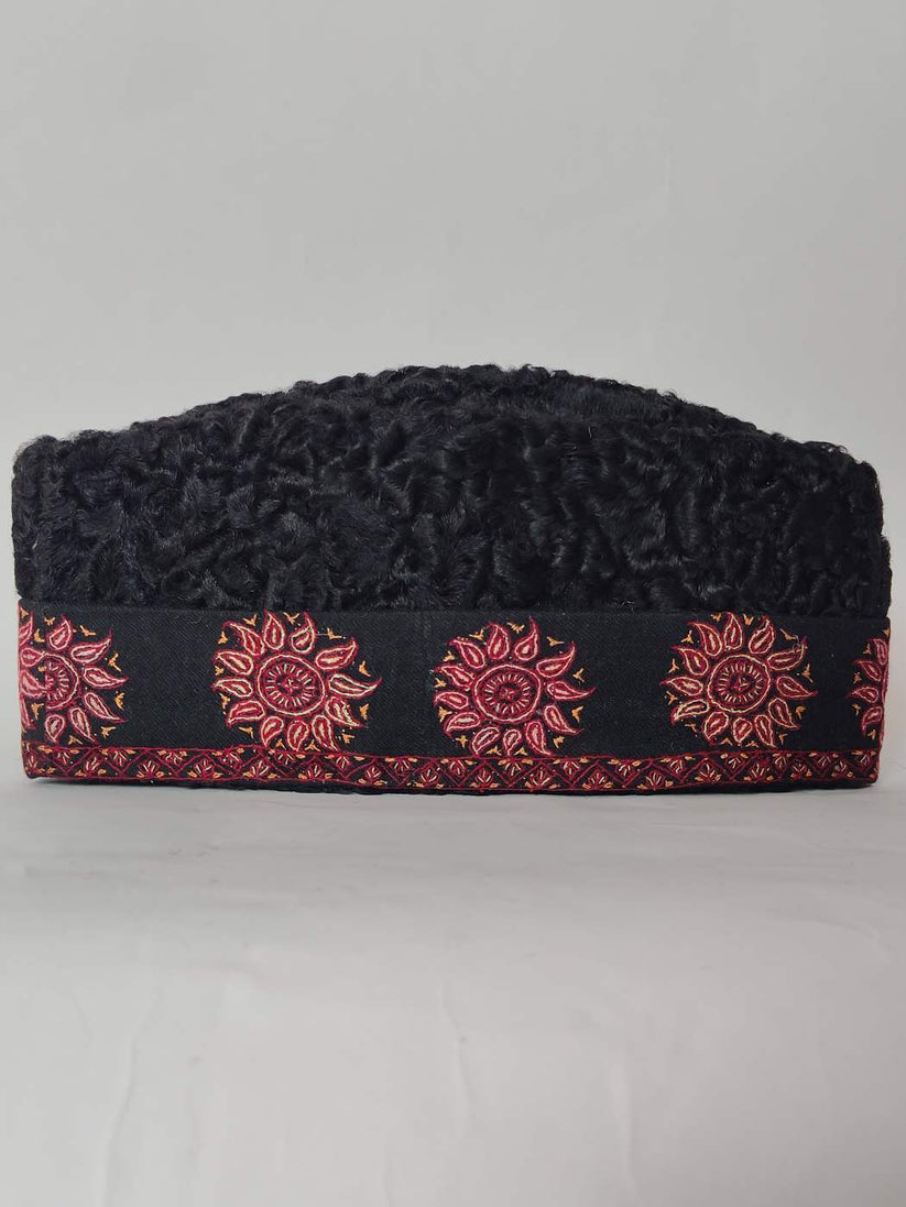 Designer Black Karakul Cap With Hand Sozni Embroidered Brim – Sarposhi